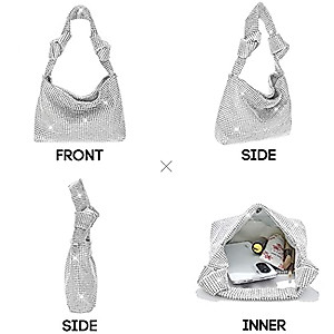 Yokawe Rhinestone Purses for Women Evening Bag Sparkly Mini Hobo Bag Vacation Party Club Wedding Handbag (Silver)