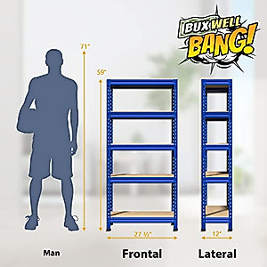 BuxWellBang 5-Shelf Heavy Duty Shelving - Adjustable Garage Storage Shelves, Metal Utility Storage Racks for Warehouse Pantry Basement Kitchen, Garage Organizers Shelf Unit, Blue