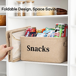 FLINKYE 2 Pack Snack Storage Organizer Basket Bins for Pantry Shelf and Countertop, Large Burlap Snacks Basket Container for Kitchen Office Popcorn Candy Pretzels and more
