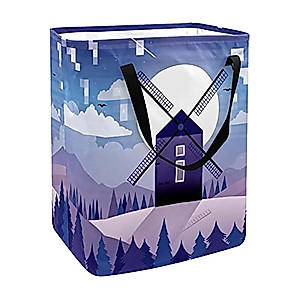 Windmill Purple Laundry Basket Large Cloth Organizer Bag Basket Foldable Laundry Hamper with Handles