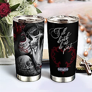 64HYDRO 20oz Couples Gifts for Husband and Wife, Cool Gifts for Couple, Valentines Day Gifts for Him, Her, Goth Gifts Gothic Gifts Tattoo Skull Couple Tumbler Cup, Insulated Travel Coffee Mug with Lid