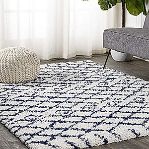 JONATHAN Y SHG104B-8 Sineu Moroccan Diamond Shag Indoor Area-Rug Bohemian Contemporary Modern Geometric Easy-Cleaning High Traffic Bedroom Kitchen Living Room Non Shedding, 8 X 10, Beige/Navy