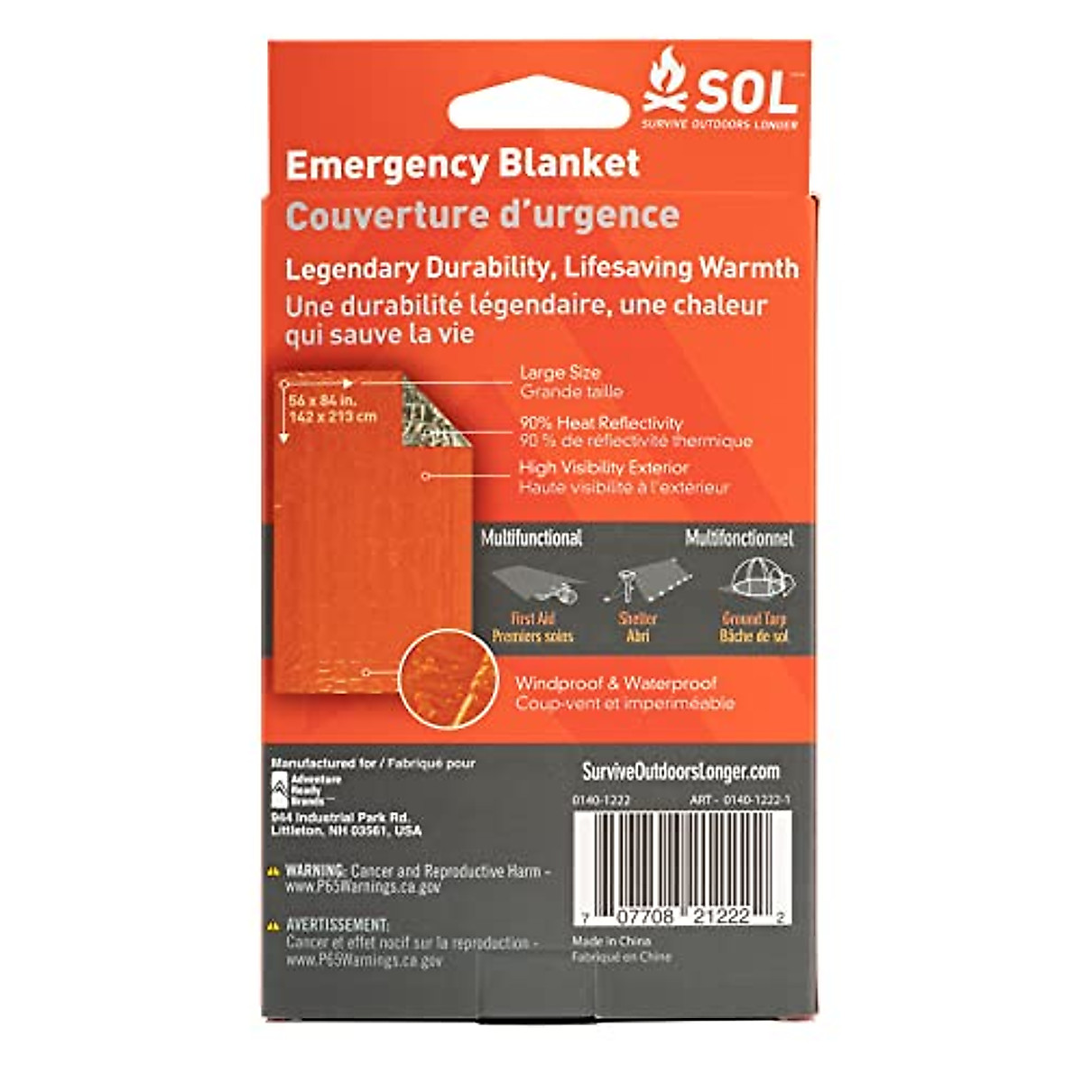 S.O.L. Survive Outdoors Longer Emergency Blanket, Model Number: BMC0140-1222