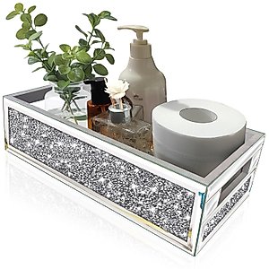 Wocred Bathroom Basket Toilet Tank,Crushed Diamond Mirrored Bathroom Tray Wall-Mounted,Silver Storage Organizer fits Dresser Bedroom,Bathroom,Coffee Table.(15”x7”x3.8”)
