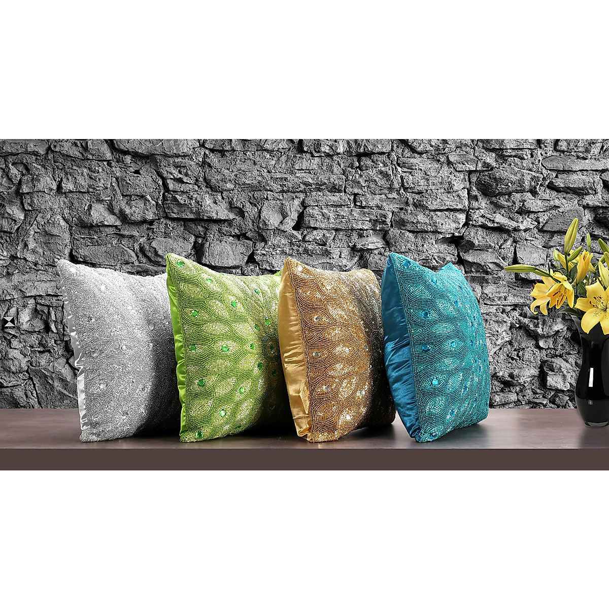 Gold Pillow Cover, Gold Decorative Pillow Cover 16x16 Inch, Gold Throw Pillow Cover, Hand Beaded Cushion Cover - Beautiful Elegant Accessory to Dress Up Couch Sofa & Bed - Cover Only - 1 Pack