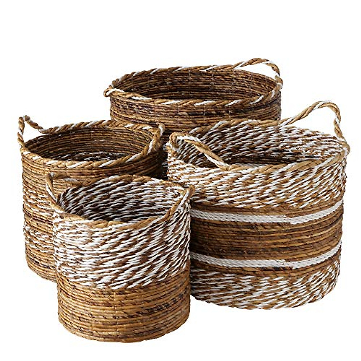 Rustic Stripes Wicker Baskets. 4 Piece Set, Washed and Rolled Banana Leaf, White Twine, Loop Carry Handles, Bucket Bottoms, 18, 15.75, 14.25, 12.5 Inches Diamet