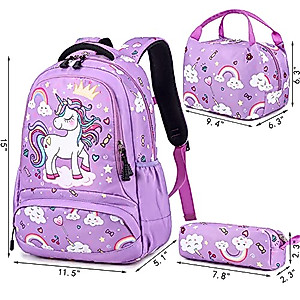 Dafelile Backpack Unicorn for Girls School Preschool Backpack for Girls School Bookpack Set with Lunch Bag Pencil Bag(Purple)
