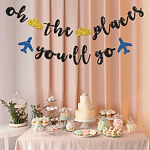 INNORU Oh The Places You'll Go Banner - Travel Theme Farewell Party Bunting Decor - Bon Voyage - Birthday Anniversary Graduation Baby Shower Party Decorations, Black Glitter