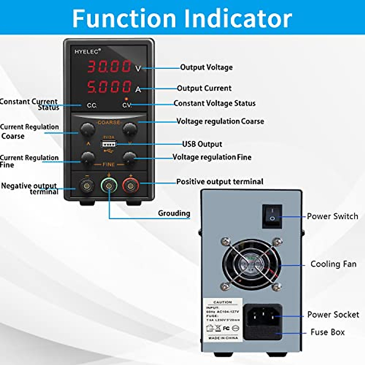 DC Power Supply Variable 30V 5A, Hyelec Switching Power Supply with 5V 2A USB Output, Adjustable Regulated Power Supply with 4-Digits LED Power Display, Alligator Leads Including,110V Input Voltage
