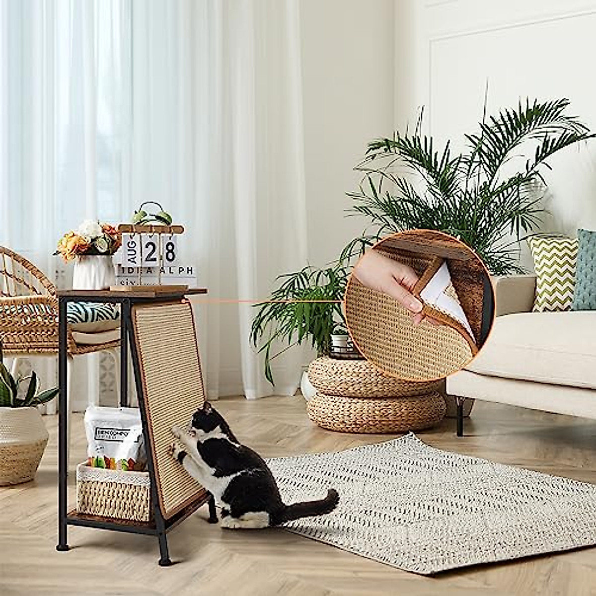 Modern End Table with Cat Bed, Cat Scratching Post Wood Cat Furniture Table Side Table with Small Cat House Cat Bed Table with Replaceable Sisal Scratch Scratching Pad Mat for Living Room Bedroom
