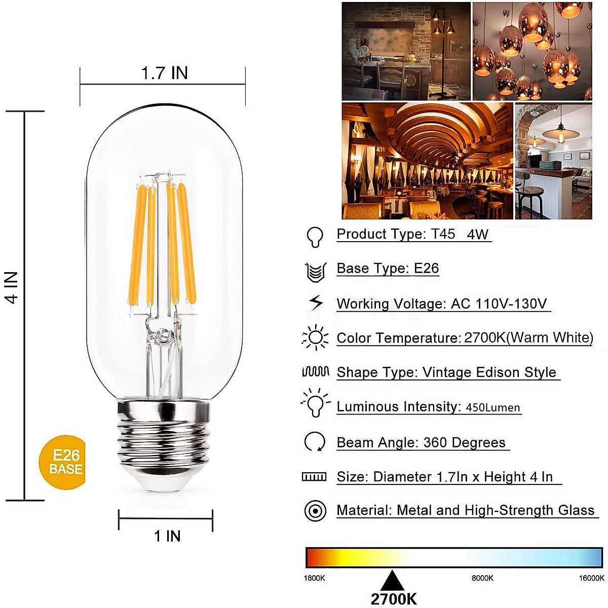 NOTOC E26 LED Light Bulb 4W,Equivalent 40W,E26 Tubular Light Bulb Non Dimmable 2700K Warm White,Antique Clear Edison Filament Bulb,Pack of 6