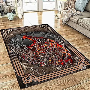GEEMBI Area Rug-Fenrir Wolf Viking Rug PS22Rv1, 5x8 ft. Fluffy Carpets for Bedroom Shaggy Floor Modern Rug Home Decor Mats Wolf Rug Viking Decor for Home Viking Home Decor