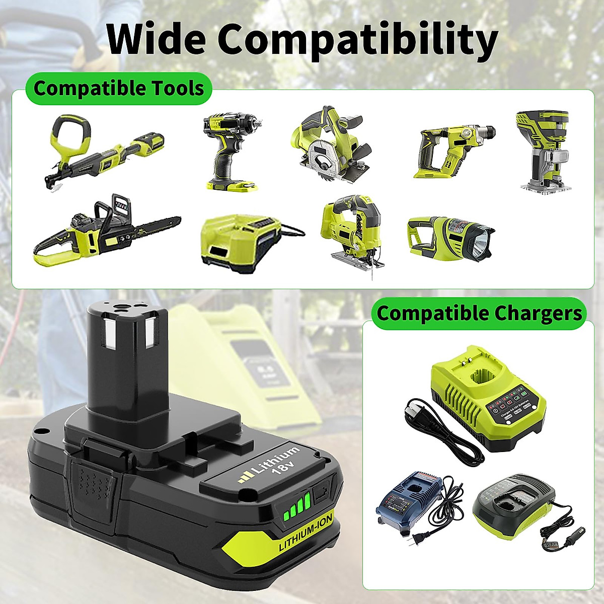 Upgraded 3600mAh Replacement for Ryobi 18V Battery (2-Pack) with Charger Combo Compatible with Ryobi 18V ONE+ Battery 3.6Ah P108 P102 P103 P104 P105 P107 P109 P122 Power Tools & Charger P117 P118