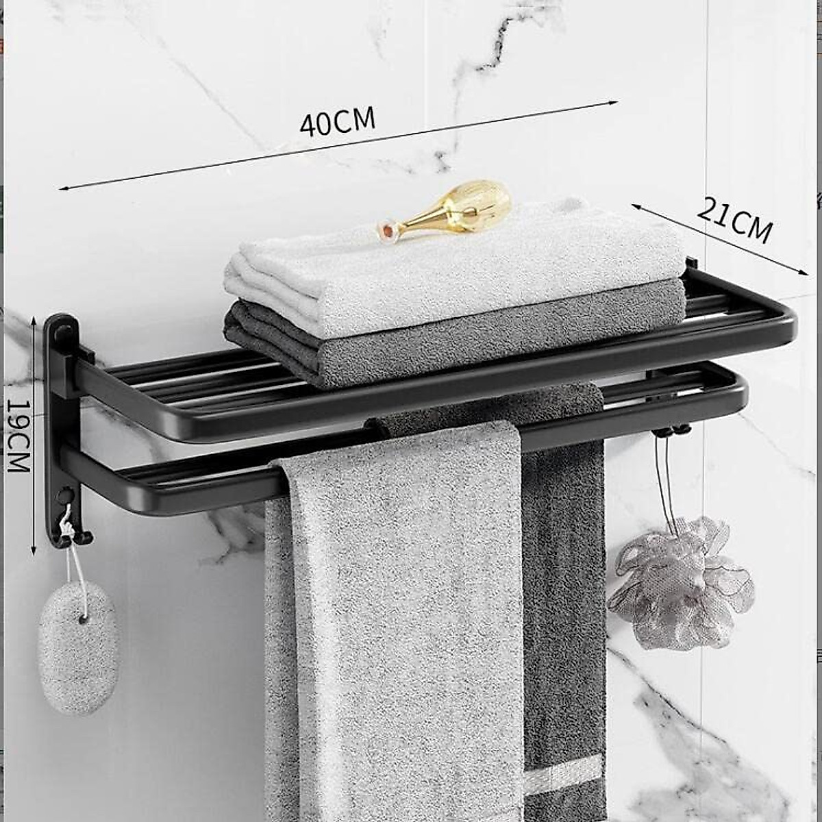 Towel Shelf-XINGLO- with Double Towel Bar Rack Organizer for Bathroom Hotel Stainless Steel Modern Wall Mount Matte Black,Hole-Installing ,Space Saving ,Square Style 15.55-Inch/38.5CM