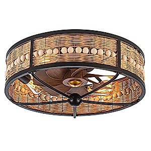 EKIZNSN Boho Caged Ceiling Fan with Light, 20 Inch Modern Boho Bladeless Ceiling Fan, Low Profile Flush Mount Ceiling Fans with Lights for Bedroom (5 E26 Bulbs Included)