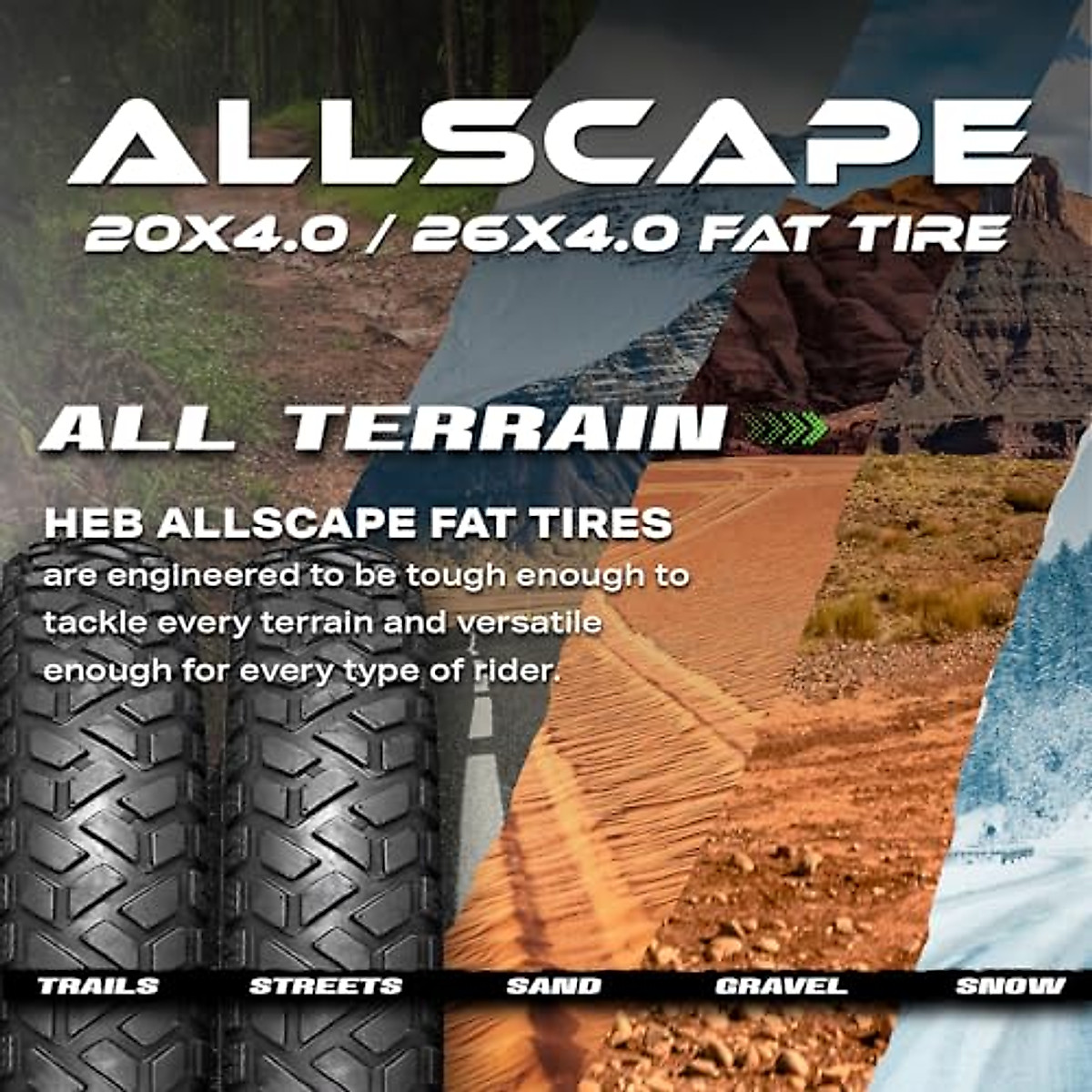 HEB ALLSCAPE 20x4.0 in Fat Tire for E-Bike MTB, Heavy Duty High-Performance Puncture Resistant E-Bike Mountain Bike Tire, All-Terrain Directional Tread, High-Density Tire for Street & Trail Riding