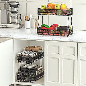 iNUREYE 2 Tier Fruit Basket for Counter, Metal Fruit Basket Stand Detachable Fruit Holder Bread Vegetable Storage Basket Square Fruit Bowl for Kitchen Counter Dining Table