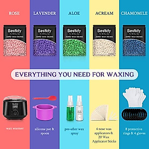 Bestidy Waxing Kit for Women and Men Home Wax Warmer with 5 Pack Hard Wax Beads Hot Wax Hair Removal for Brazilian Body Underarm Bikini Chest Legs Face Eyebrow