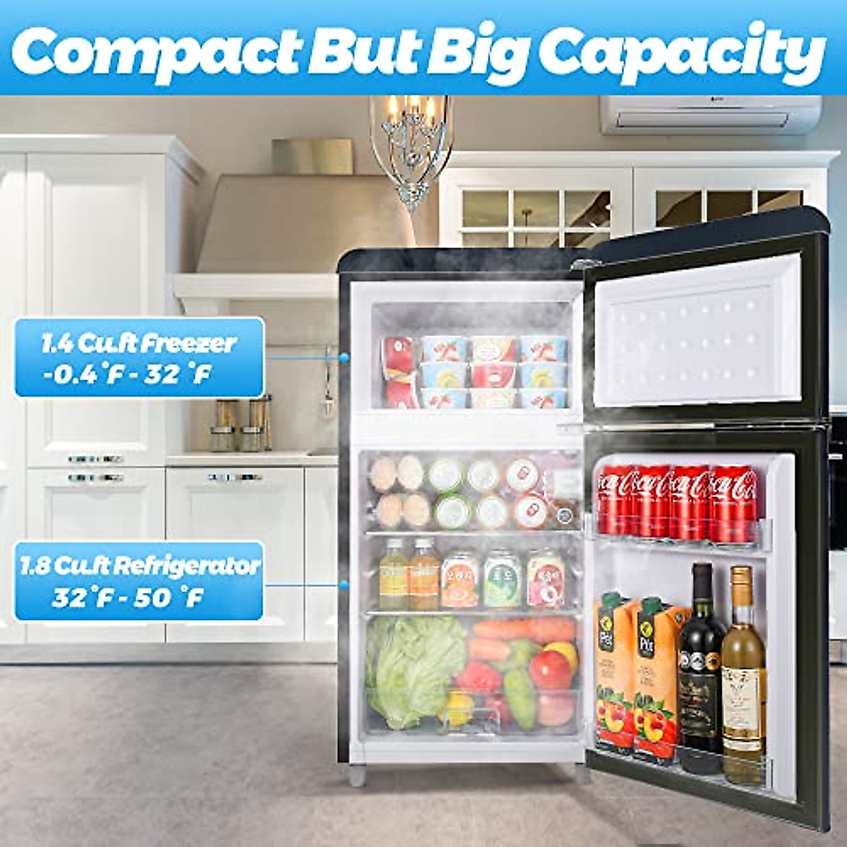 WANAI 3.2 Cu.Ft Mini Fridge Compact Refrigerator with Freezer,7 Level Adjustable Thermostat Removable Shelves Small Refrigerator for Office Dorm Apartment Black