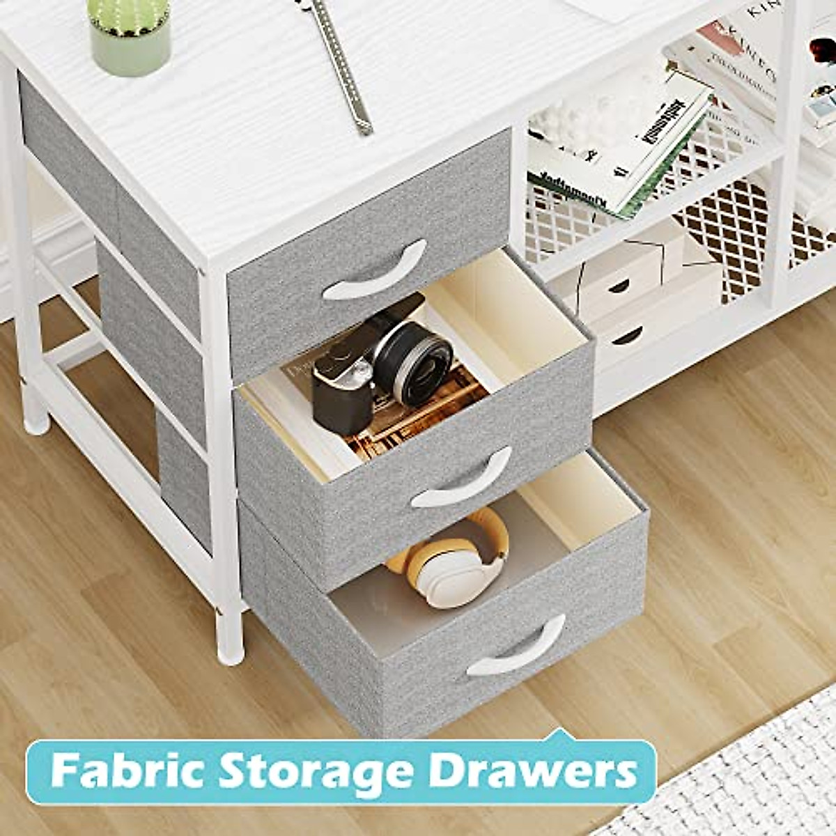 SUPERJARE L Shaped Desk with Power Outlets, Computer Desk with Drawers & Shelves, Corner Desk Gaming Desk Home Office Desk, White