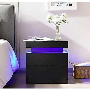 i-aplus Bedside Table with 2 Drawers, LED Nightstand Wooden Cabinet Unit with Lights for Bedroom, Living Room, Black