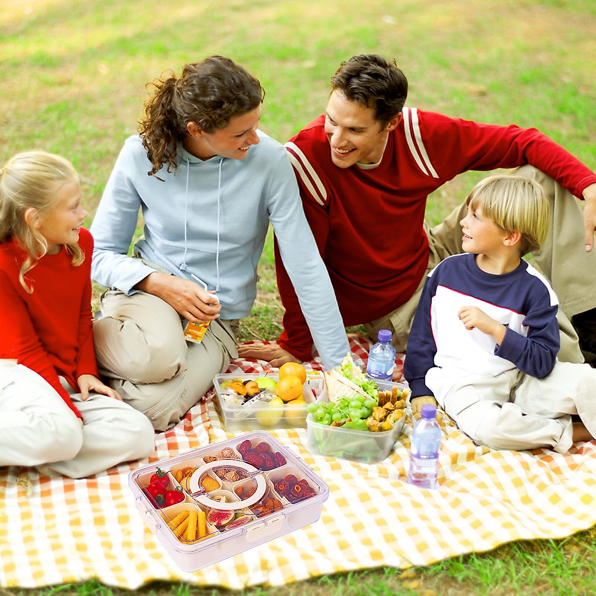 Capella Edge Snack Box with Lid & Handle - Divided Clear Serving Tray, 8 Compartments for Snacks, Fruits, Nuts, Candy - Portable for Parties, Picnics, Travel, and Entertaining