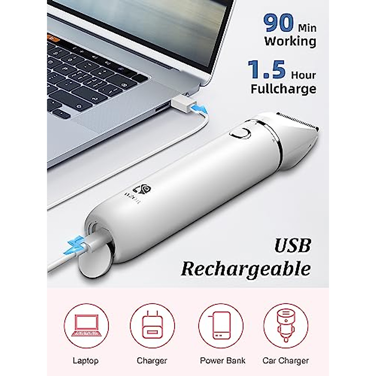 Cayzor Bikini Trimmer and Shaver for Women - 2-in-1 Wet/Dry Electric Body Hair Trimmer Cordless Waterproof Facial Hair Removal Shaver Razor for Painless Trimming of Pubic Face Underarm Legs (White)