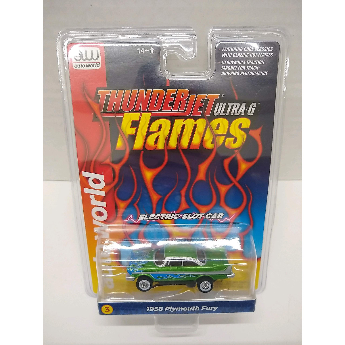 Auto World SC353 Flames 1958 Plymouth Fury HO Scale Electric Slot Car