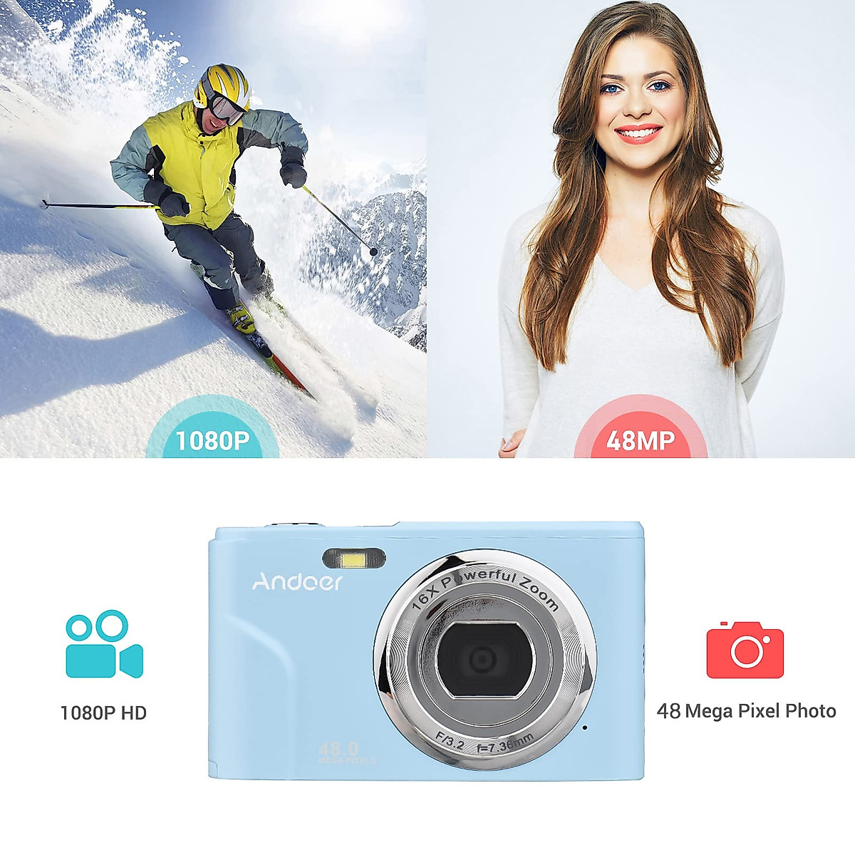 Andoer Portable Digital Camera 48MP 1080P 2.4-inch IPS Screen 16X Zoom Auto Focus Self-Timer 128GB Extended Memory Face Detection Anti-Shaking with 2pcs Batteries Hand Strap Carry Pouch