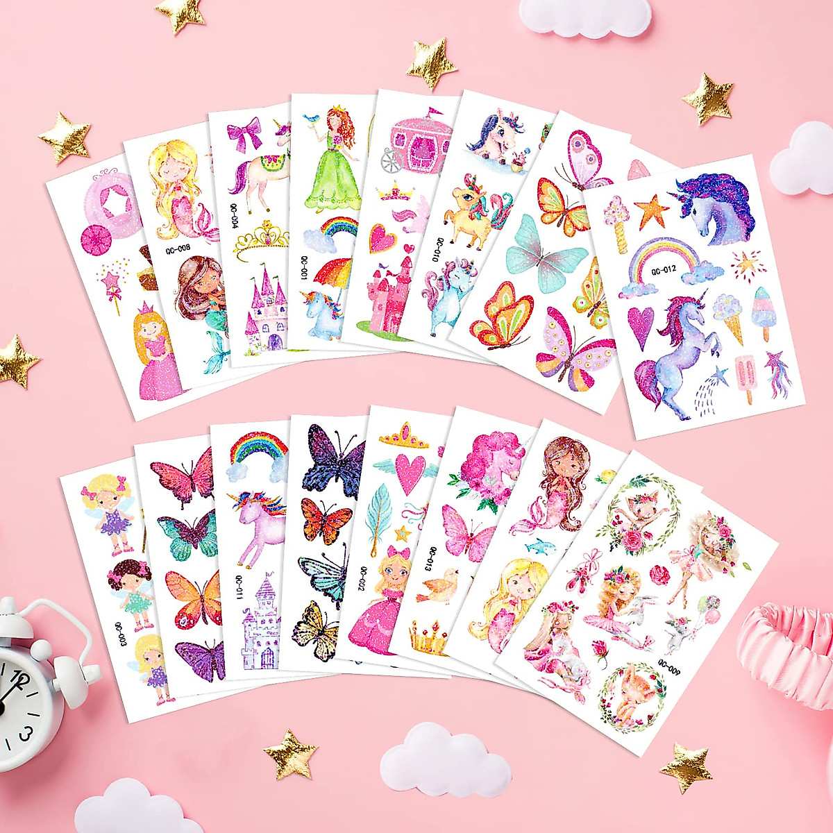 Qpout Glitter Tattoos for Girls, Fake Kids Tattoos for Girls, Princess Butterfly Mermaid Glitter Temporary Tattoos Stickers, Girls Kids Birthday Party Decoration Gifts Bags Filler