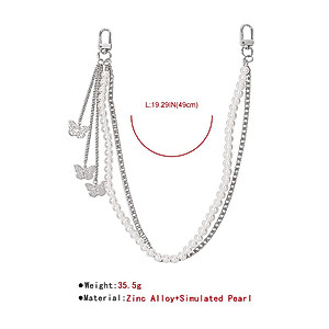 Wiwpar Punk Trouser Chain Pocket Chain Pearl Butterfly Jean Pants Belt Chains Waist Belly Body Chain Silver for Women and Girls