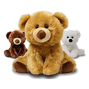 Fluffuns Teddy Bears - 9" - Cute Stuffed Animal in 3 Colors - 3-Pack of Stuffed Bears: Brown, Golden, White Teddy Bear- Plush Toy - Great Gift for Baby Girl, Boy, Kid and More!