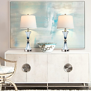 Set of 2 Blue Glass Table Lamps for Bedrooms with 2 USB ports 3-Way Dimmable Touch Coastal Bedside Lamps for Contemporary Style Modern Nightstand Lamps with 2 LED Bulbs for Home Lighting Decoration