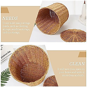 Woven Basket Trash Can Storage: Wastebasket Garbage Bin with Lid Rubbish Paper Storage Container for Home Bathroom Kitchens Laundry Utility Rooms