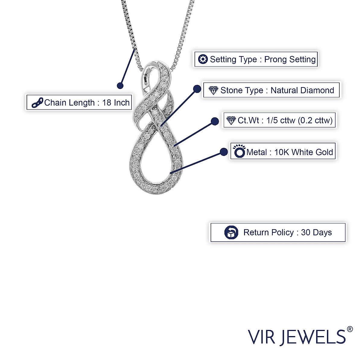 Vir Jewels 1/5 cttw Diamond Pendant, Diamond Swirl Infinity Pendant Necklace for Women in 10K White Gold with 18 Inch Chain, Prong Setting