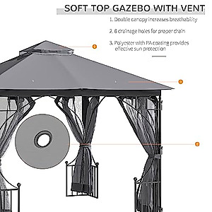 Outsunny 10' x 10' Patio Gazebo, Double Roof Outdoor Gazebo Canopy Shelter with Netting, Steel Corner Frame for Garden, Lawn, Backyard and Deck, Dark Gray