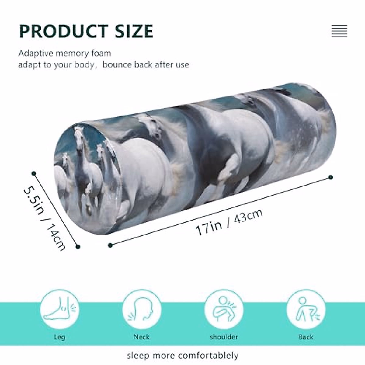 xigua Running Horses Neck Roll Pillow for Neck Relief with Removable Washable Cover - Memory Foam Round Cylinder Bolster, Ergonomically Designed for Head, Neck, Back, and Legs