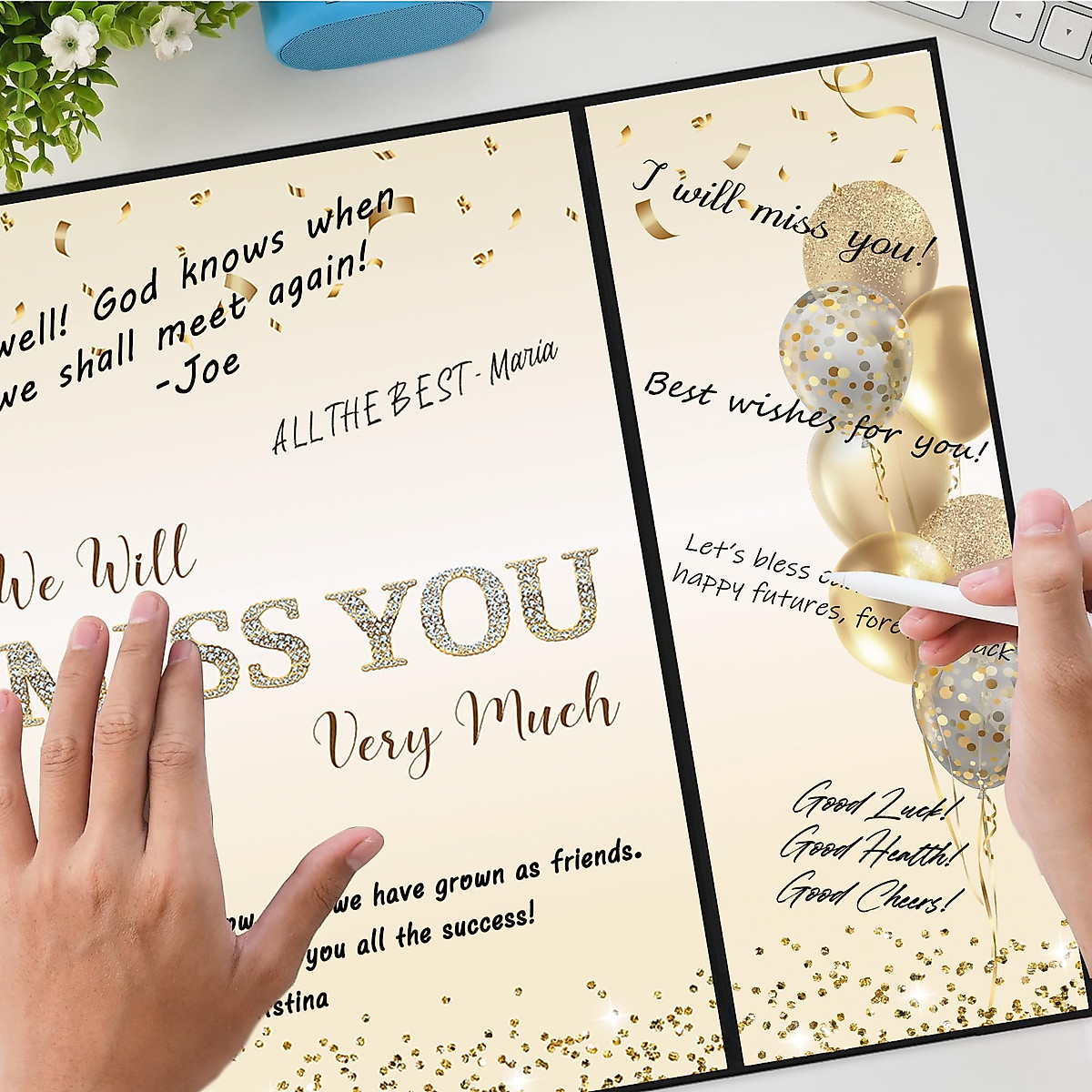 DARUNAXY Black Gold Farewell Party Decorations, We Will Miss You Very Much Alternative Signature Guest Book for Men Women Going Away Gifts Signing Card Board for Retirement Graduation Party Supplies