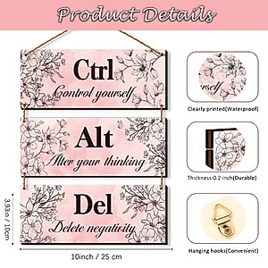 3 Pieces Pink Wall Decor for Girl Room Wall Decor Floral Wooden Wall Hanging Wall Art Inspirational Office Wall Decor with Positive Quotes Ctrl Alt Del Wall Sign for Girl Women Bedroom Bathroom(Pink)