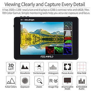 FEELWORLD LUT7 PRO 7 Inch Ultra Bright 2200nits DSLR Camera Field Monitor 3D LUT Touchscreen HDR Waveform F970 External Power and Install Kit 4K HDMI