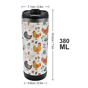 Colorful Chickens Travel Coffee Mug Reusable Insulated Drinking Cup with Lid for Home Outdoor Works 13 Oz