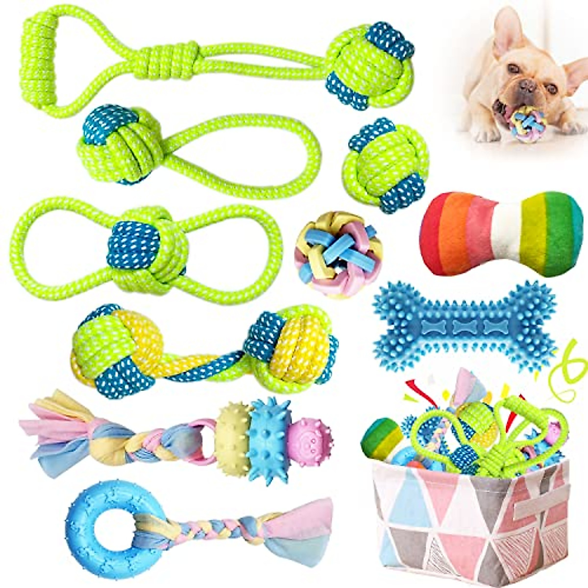 BENSEAO Puppy Chew Toys - Teething Ring & Rope Toy for Small Dogs, Interactive Dog Balls, Storage Basket (B)