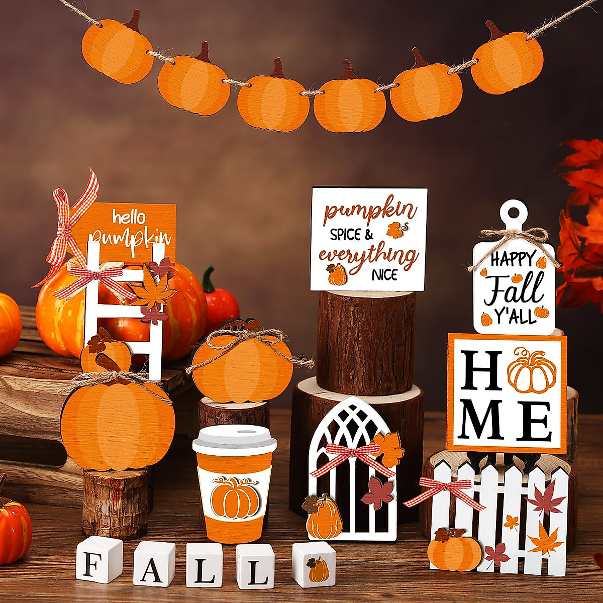 Set of 15 Fall Tiered Tray Decor Pumpkins Farmhouse Decor Autumn Maple Leaf Table Centerpieces Thanksgiving Harvest Wood Blocks Signs for Home Decor(Cute Style)