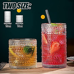 wookgreat Drinking Glasses, 8 pcs Embossed Designed Glass Cups-4 Highball Glasses 15oz & 4 Rocks Glasses 13oz, Mojito Cups, Mixed Drink Cocktail Glass, Bar Glassware for Cocktail, Beer, Whiskey