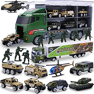 JOYIN 19 in 1 Die-cast Army Toy Truck with Little Army Figures, Mini Military Vehicles in Big Carrier Truck, Patrol Rescue Helicopter for Boys 3-9 Years Old, Kids Value Birthday Xmas Easter Gifts