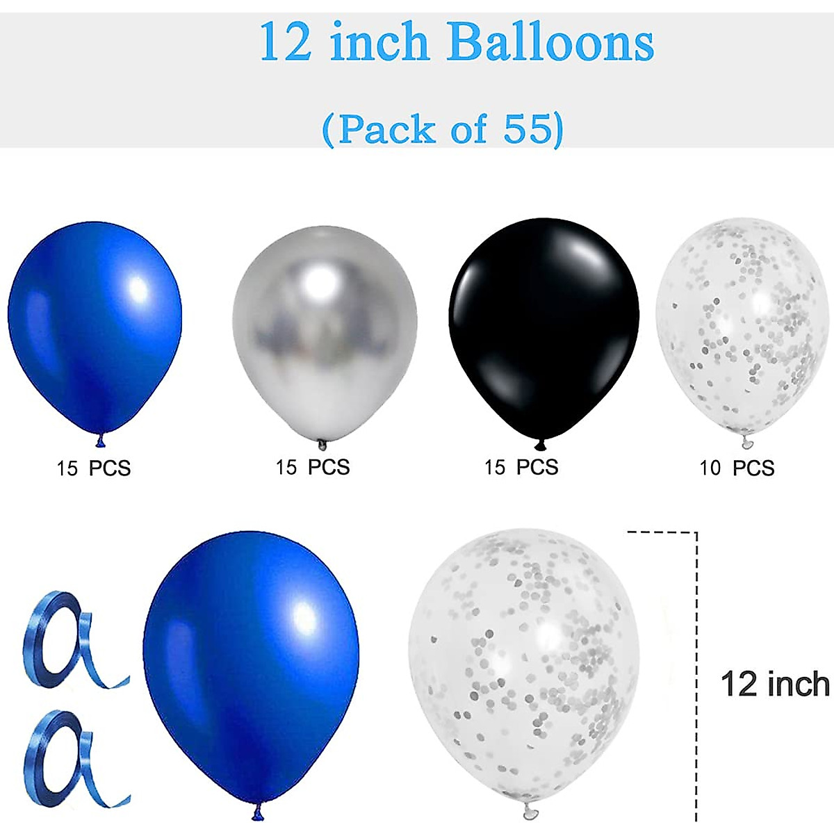 Royal Blue Black Balloons Kit,12inch Blue Black Silver Balloons,55piece Navy Blue Sliver Confetti Balloons for Boy Birthday Party Video Gaming Birthday Party Baby Shower Graduation Party Decorations