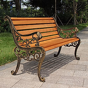 ManiCrown Patio Garden Bench，Outdoor Preservative Wood Park Bench Porch Bench Chair with Rust Resistant Cast Iron Frame,Porch Bench with backrest and armrests Slatted Seat, for Lawn/Poolside