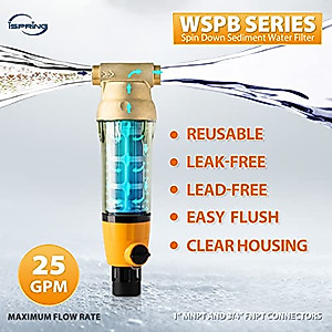 iSpring WSP100B Large Reusable Whole House Spin Down Sediment Water Filter with Built-in Housing Scraper and Brass Top Clear Housing, 100 Micron