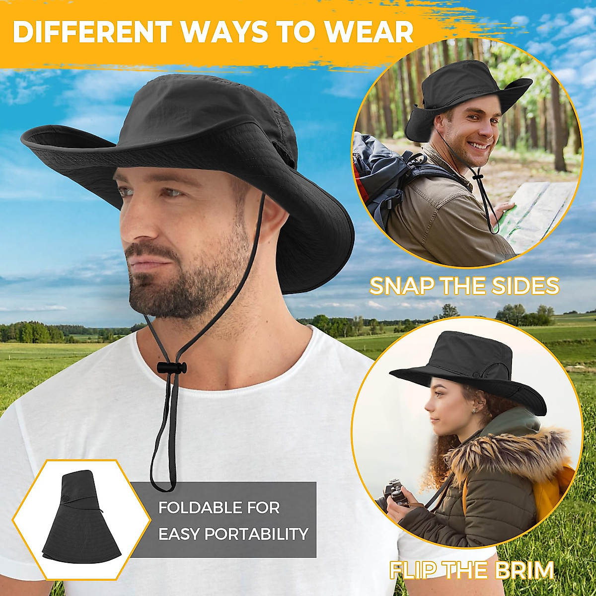 Sukeen Mens Sun Hat Wide Brim Breathable UPF50+ Waterproof Fishing Hat Removable Hat Top Boonie Hat for Hiking Garden Safari Black