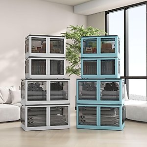HOMCOM 18 Gal Stackable Storage Bins with Lids, 3 Packs Collapsible Closet Organizers and Storage, Plastic Drawer Storage Container on Wheels with 5-Sided Access, Doors for Blankets, Blue